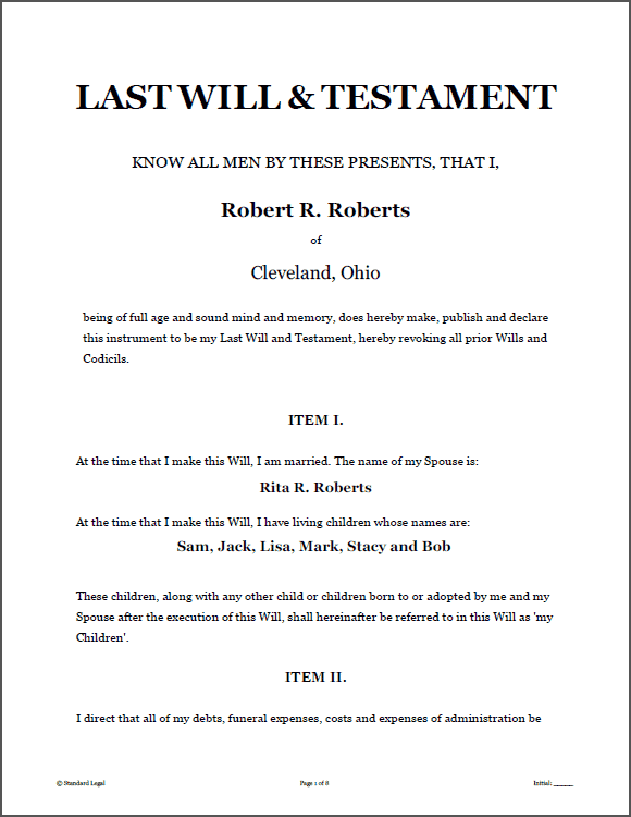 LAST WILL TESTAMENT Legal Forms Software Standard Legal